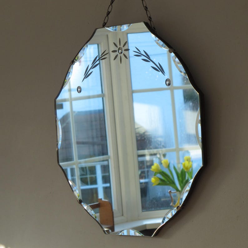 Art Deco Mirror With Scalloped Bevel and Cut Glass Floral Design. Ready ...