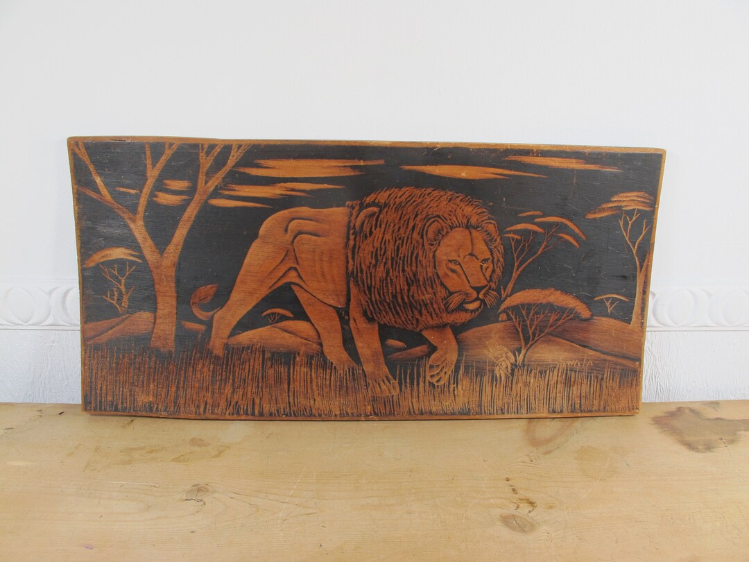 Wooden Lion Hand Crafted Picture Signed by the Artist. Lion, Trees ...