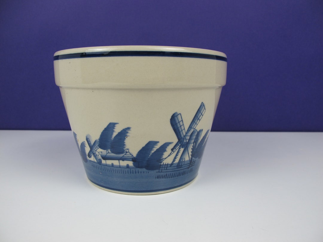 Vintage Ceramic Plant Pot. Blue and White, Three Boats, Windmill and ...