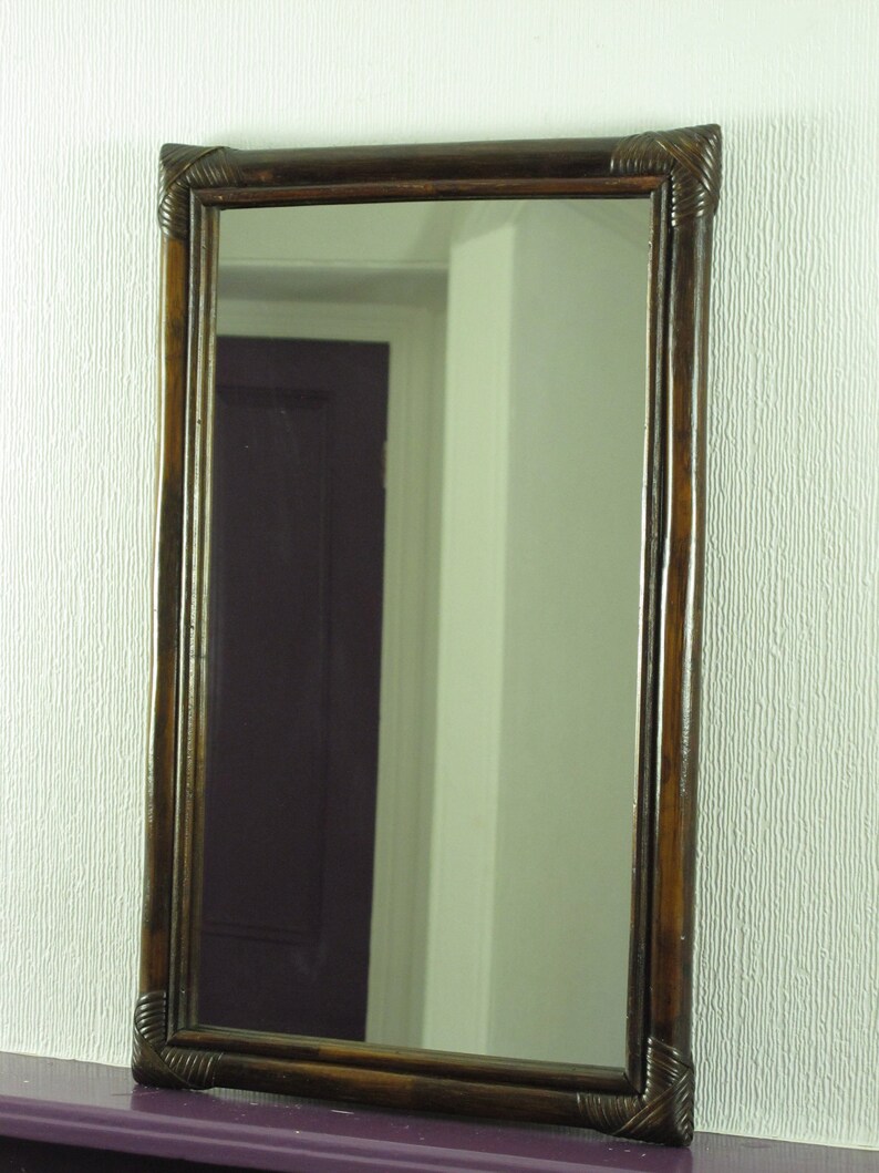 Vintage Bamboo Framed Mirror. Boho Dark Rectangular Mirror - Ready to ...