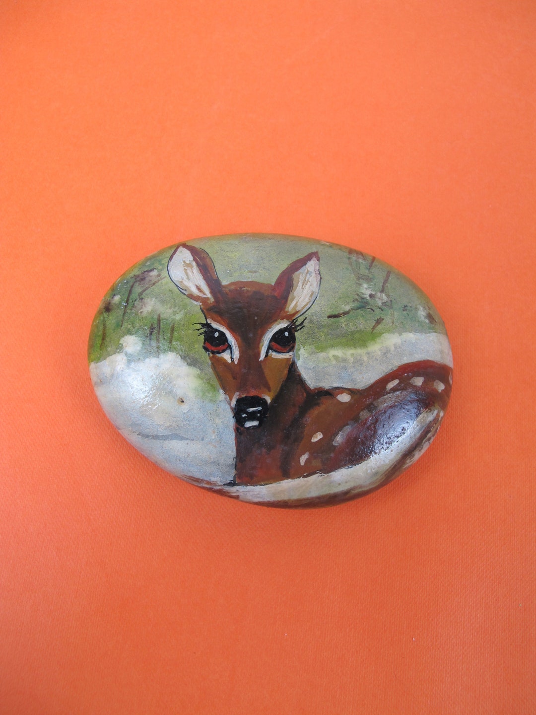 Vintage Hand Painted Deer Stone. Stone Painting, Rock Art. Vintage ...