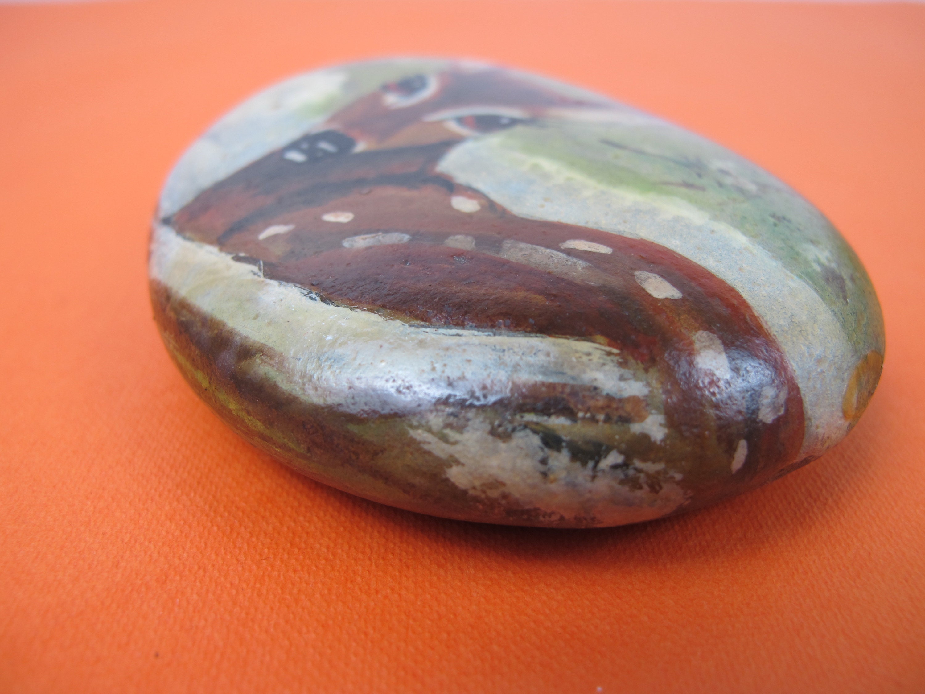 Vintage hand painted deer stone. Stone painting rock art. | Etsy