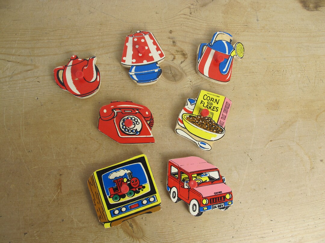 Vintage Wooden Picture Puzzle Pieces With Plastic Handles - Telephone ...