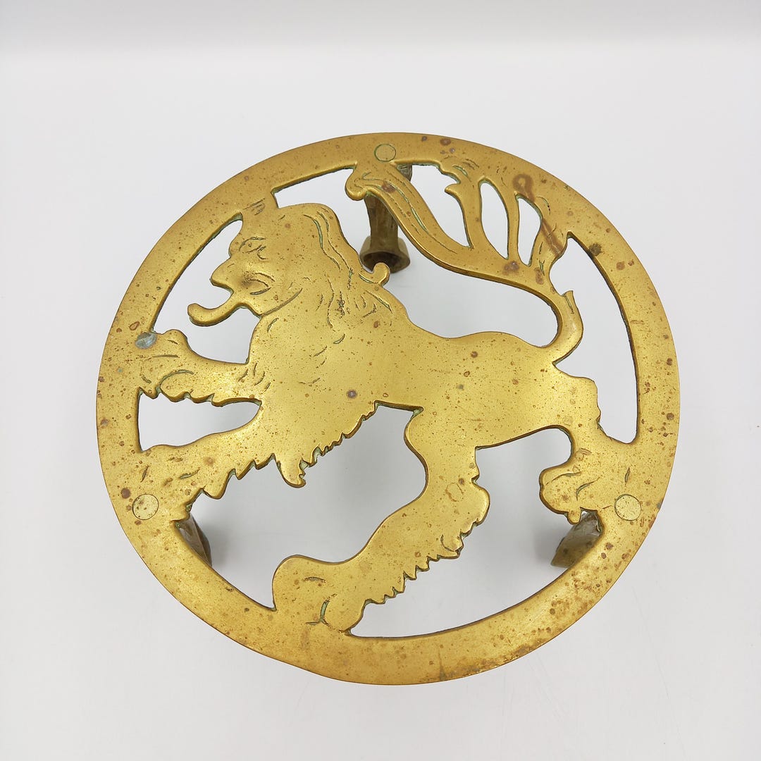 Vintage Brass Trivet. Lion Design, With Prancing Liion Figure. Three ...