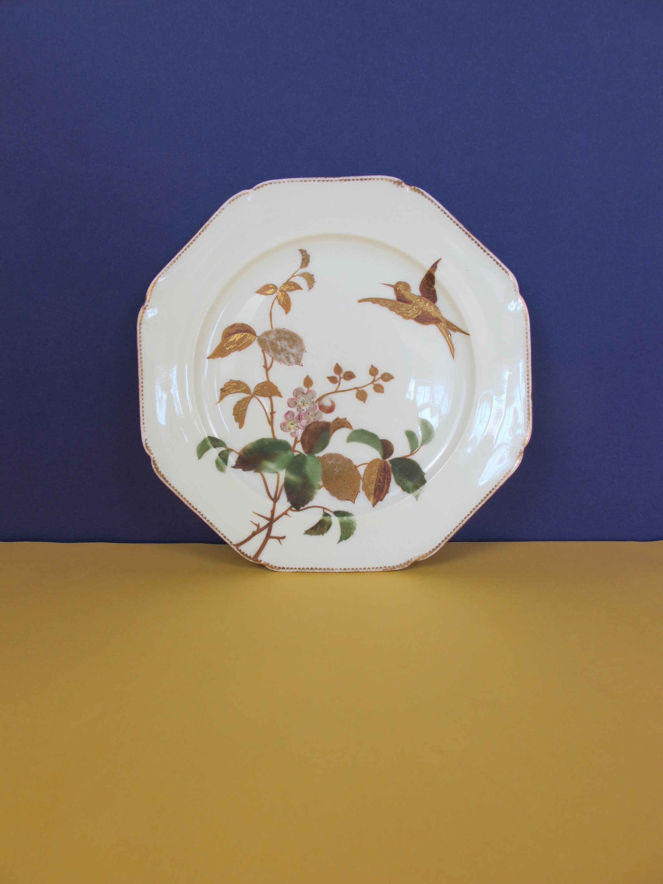 Beautiful antique plate. Octagonal with handpainted bird | Etsy