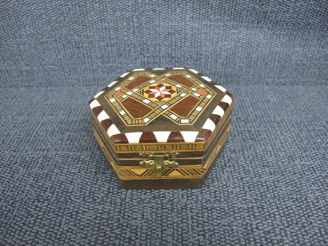 Vintage Small Inlaid Wooden Box With Mirror Inside the Lid. Hinged Hexagonal Box With Metal ...