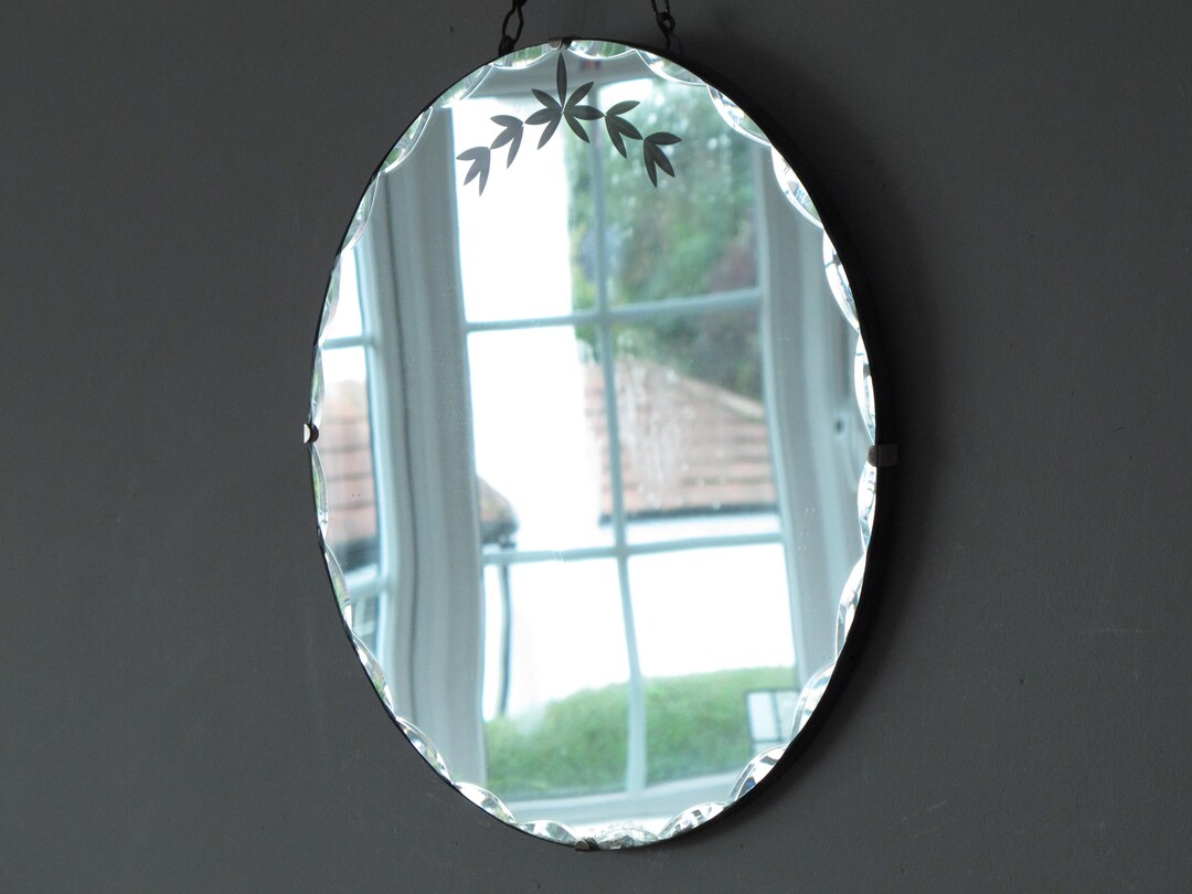 Round Art Deco Frameless Mirror With Scalloped Bevelled Edge and Etched ...