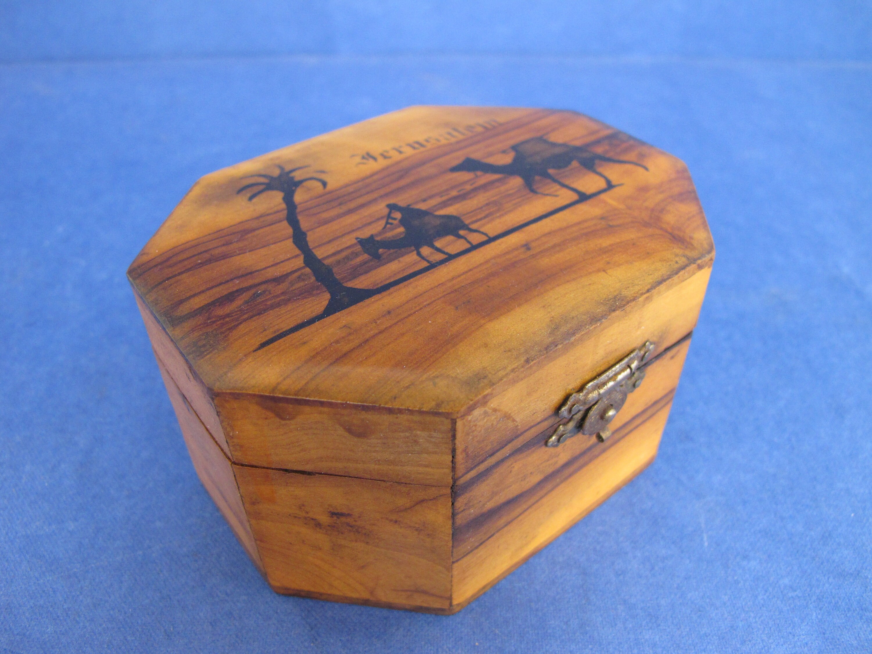 Vintage Olive Wood Box With Hinged Lid. Made in Jerusalem - With Blue ...