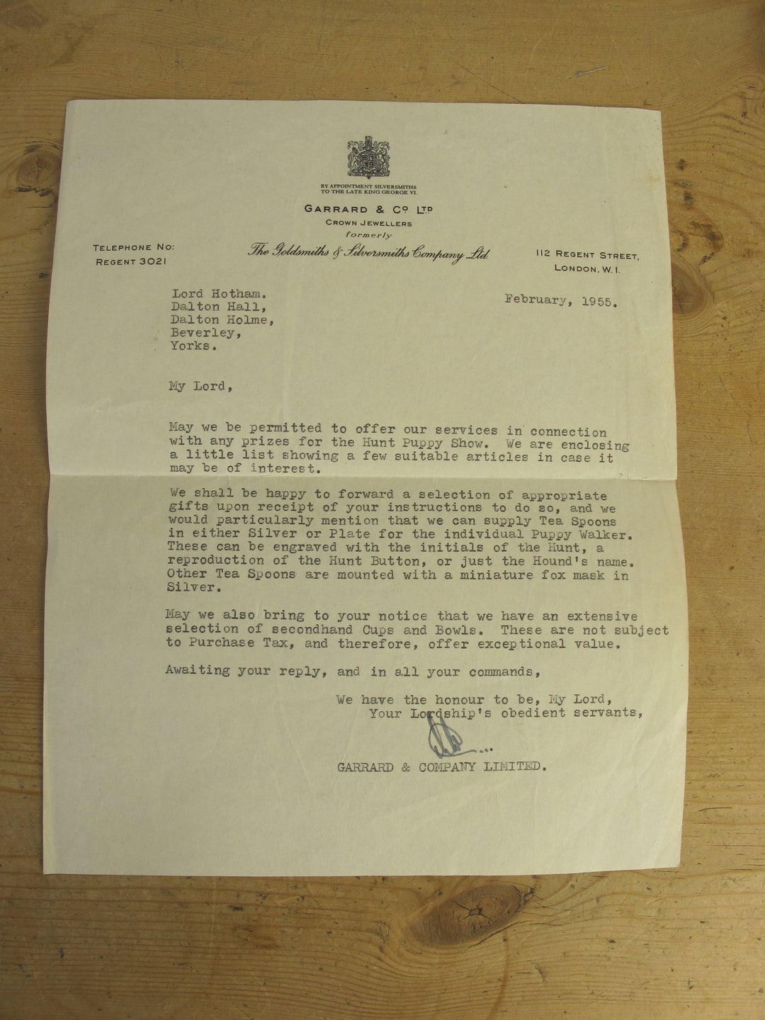 Vintage Original Letter to Lord Hotham From Garrard and Co (crown ...