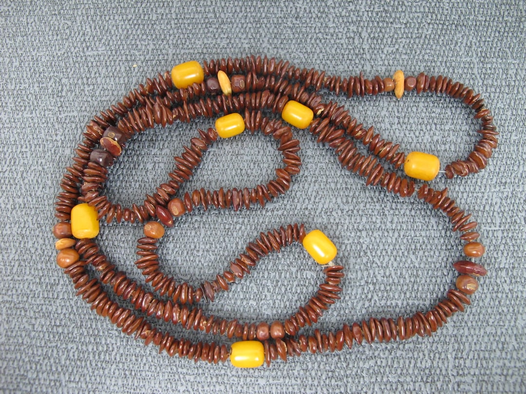 Vintage Long Seed Necklace With Orange Plastic Beads. Dark Brown ...