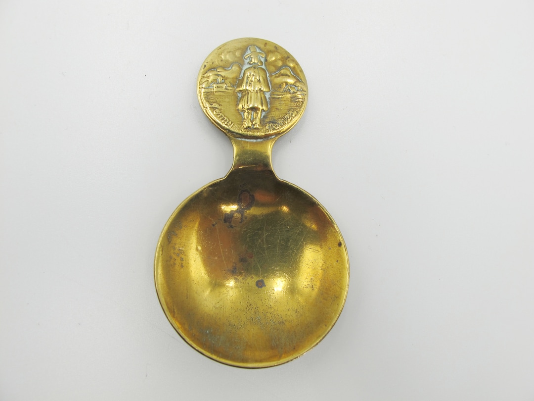 Vintage Jenny Jones Caddy Spoon. Small Brass Spoon With Welsh Figure of ...