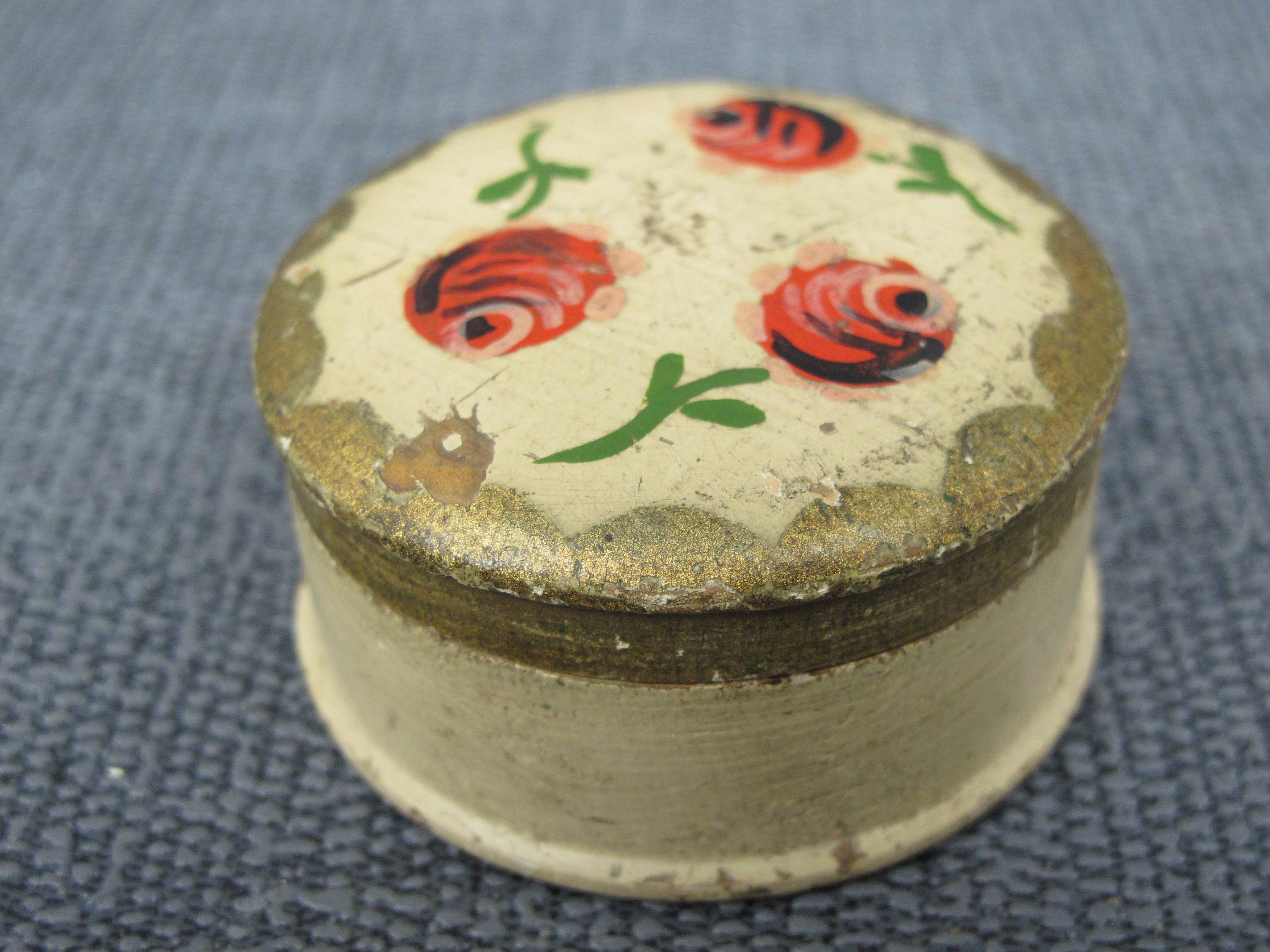 Hand painted vintage round wooden lidded trinket box. Rose | Etsy