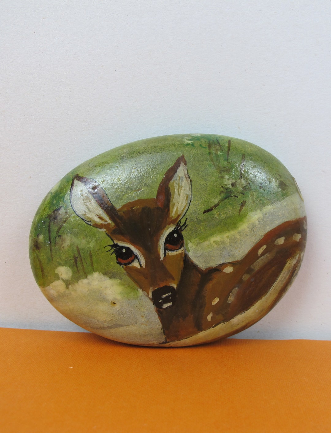 Vintage Hand Painted Deer Stone. Stone Painting, Rock Art. Vintage ...