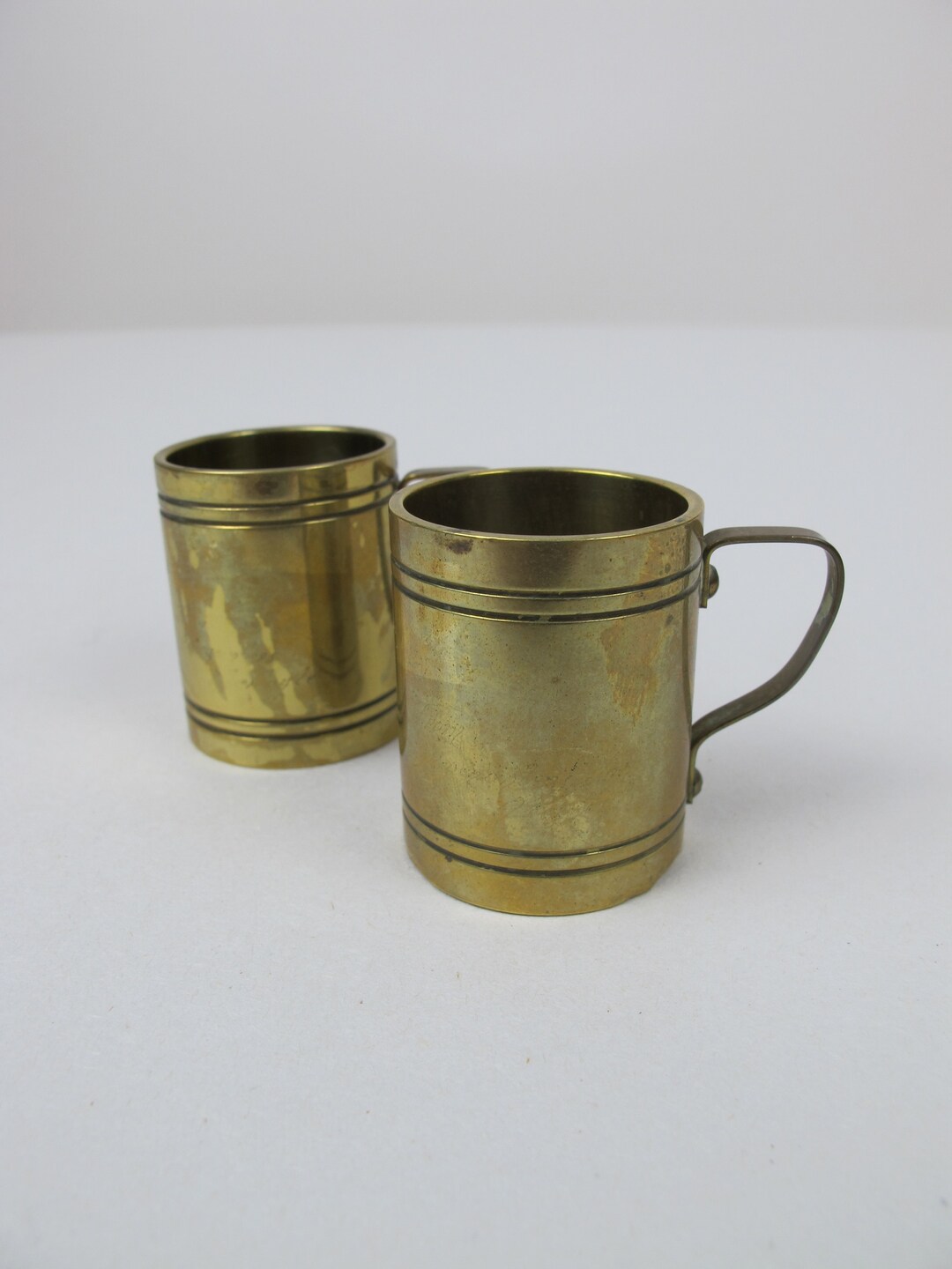 Two Very Small Brass Tankards. Banded Design - Nice and Heavy, Well ...