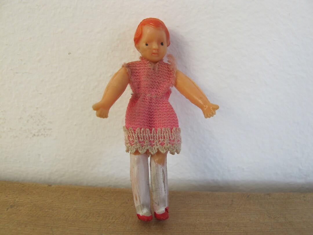 Vintage Tiny Doll. Wired Plastic Dollhouse Doll With Pink Dress and ...