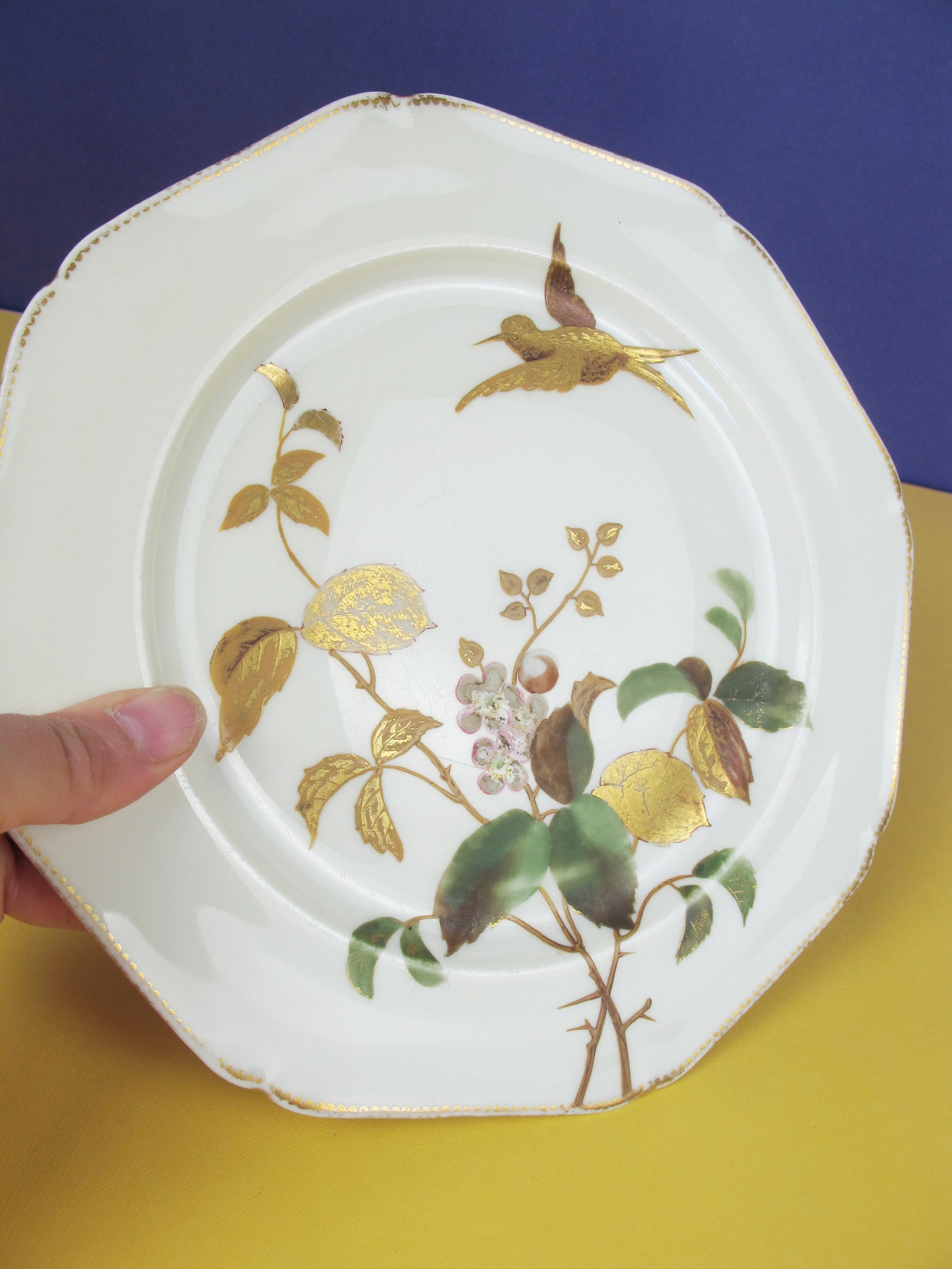 Beautiful Antique Plate. Octagonal With Handpainted Bird - Etsy