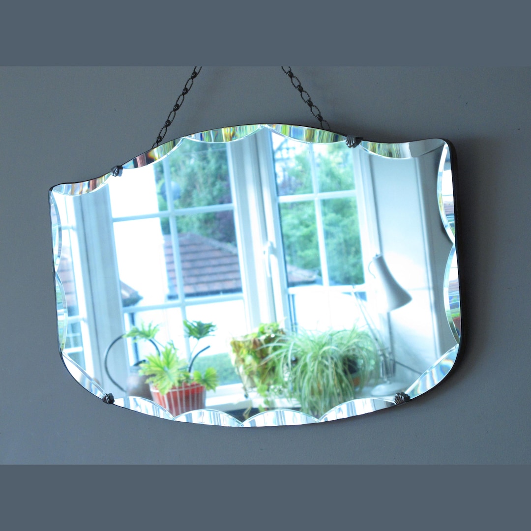 Art Deco Beveled Frameless Mirror: Scalloped Shell Clips, Ready to Hang ...