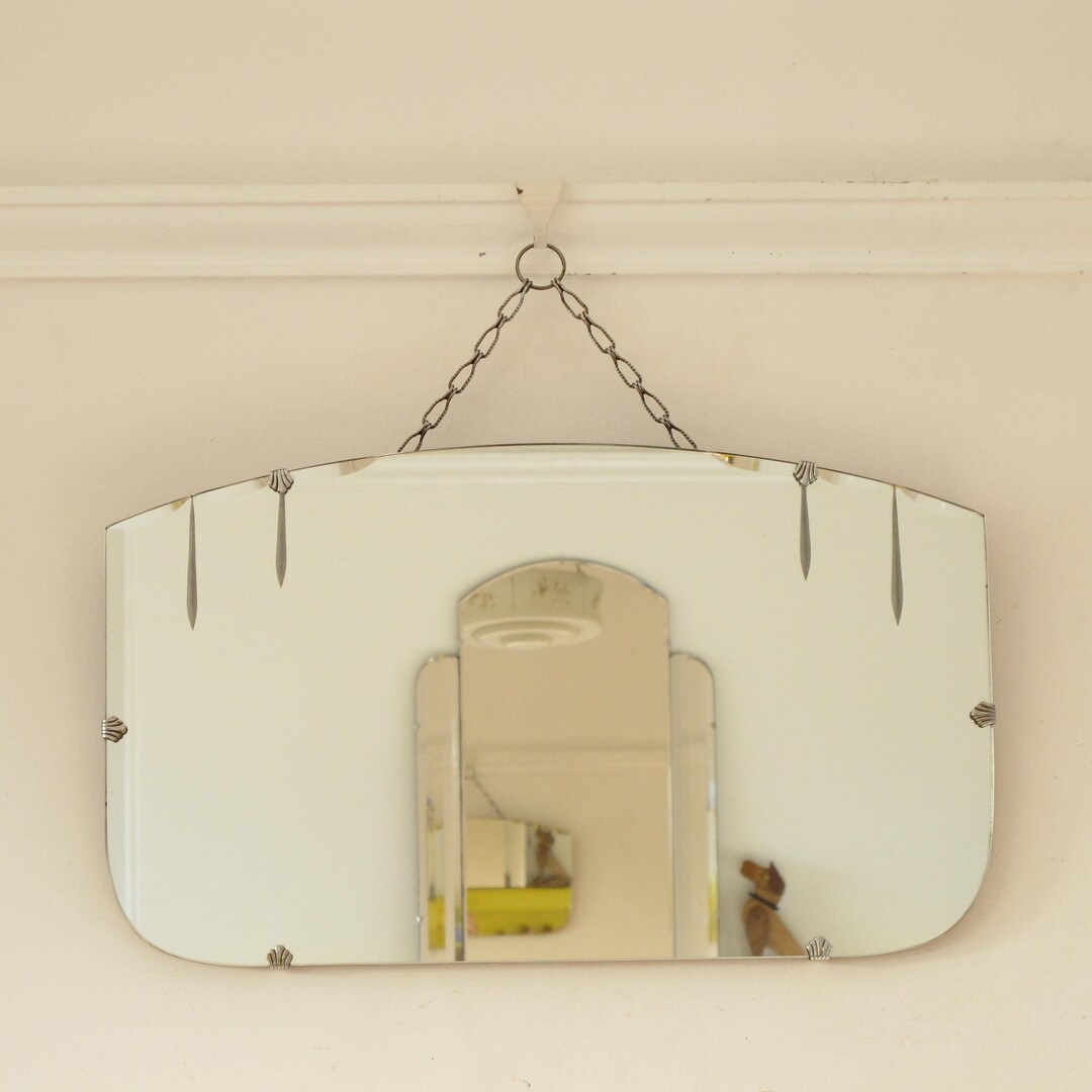 Art Deco Frameless Mirror With Decorative Bevel and Shell Clips. Ready ...