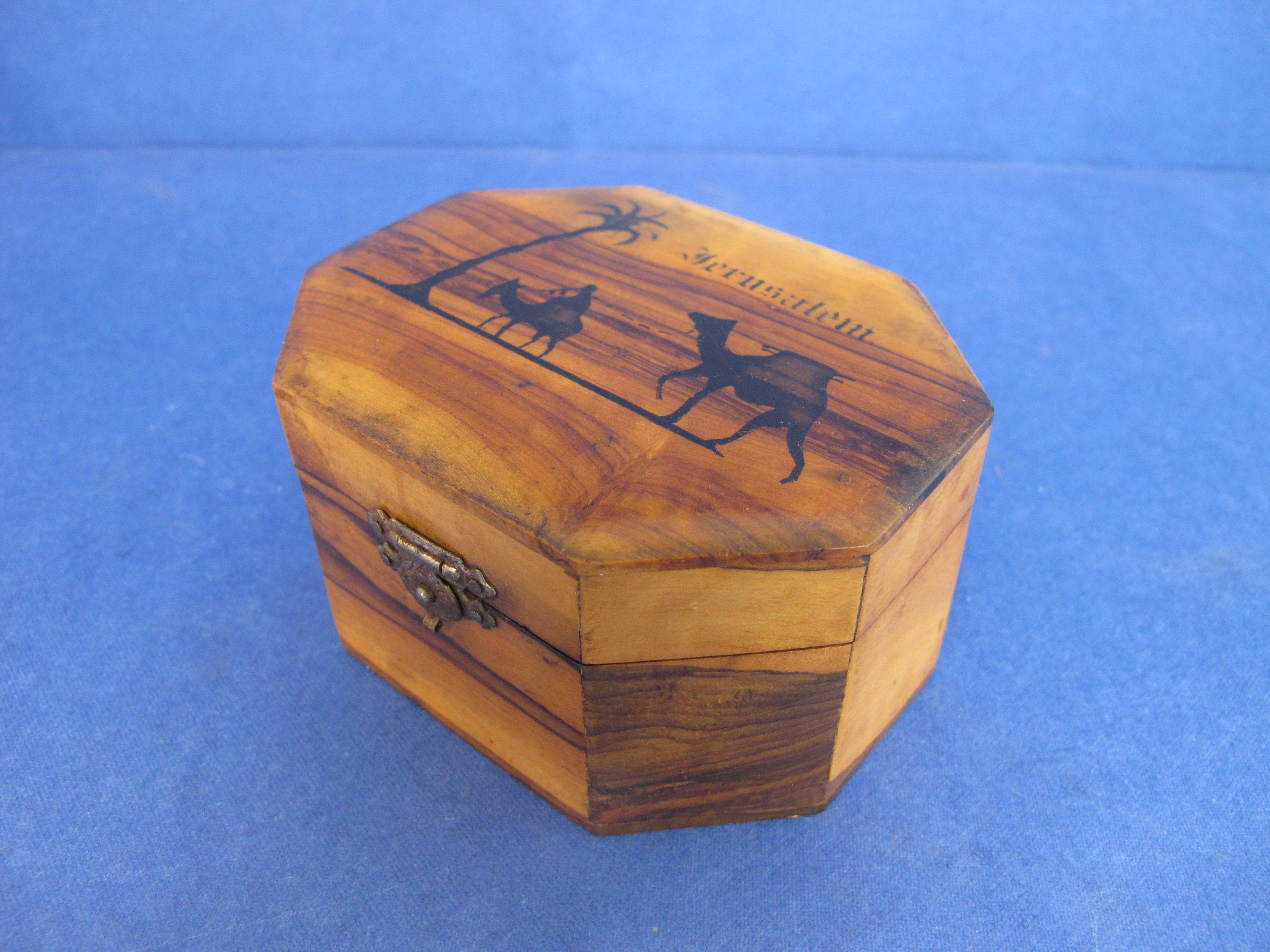 Vintage Olive Wood Box With Hinged Lid. Made in Jerusalem - With Blue ...