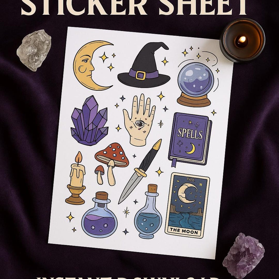 Witchy Printable Sticker Sheet | Mystical Celestial Stickers | Crystal ...