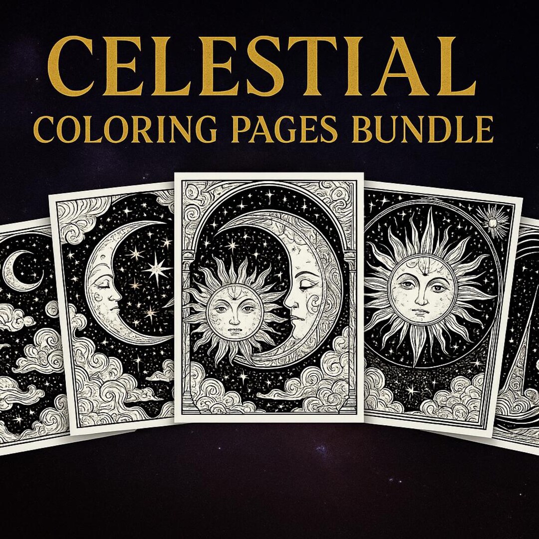 Celestial Coloring Pages Bundle | Mystical Sun and Moon Printable Art ...