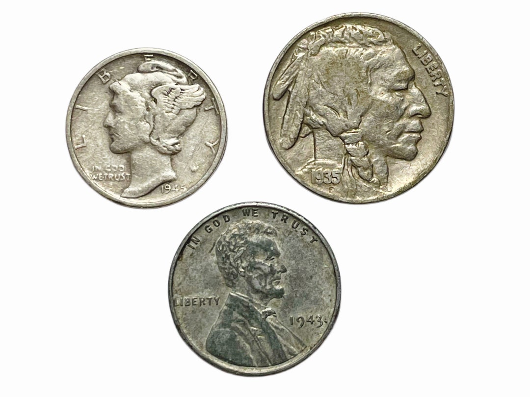 Rare Obsolete US Coin Set-silver Mercury Dime, Buffalo Nickel & 1943 ...