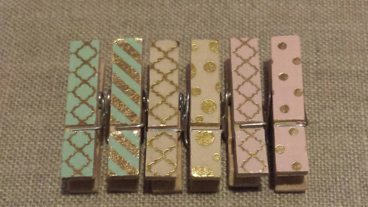 Mini Pink, Mint and Gold Clothespins- Set of 6 - Etsy