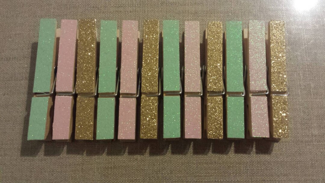 Mint, Pink and Gold Glitter Clothespins- Set of 12 - Etsy