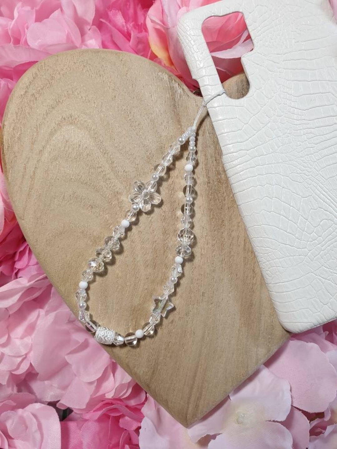 Clear Phone Strap, Crystal Clear White Phone Charm, Beaded Phone Charm ...