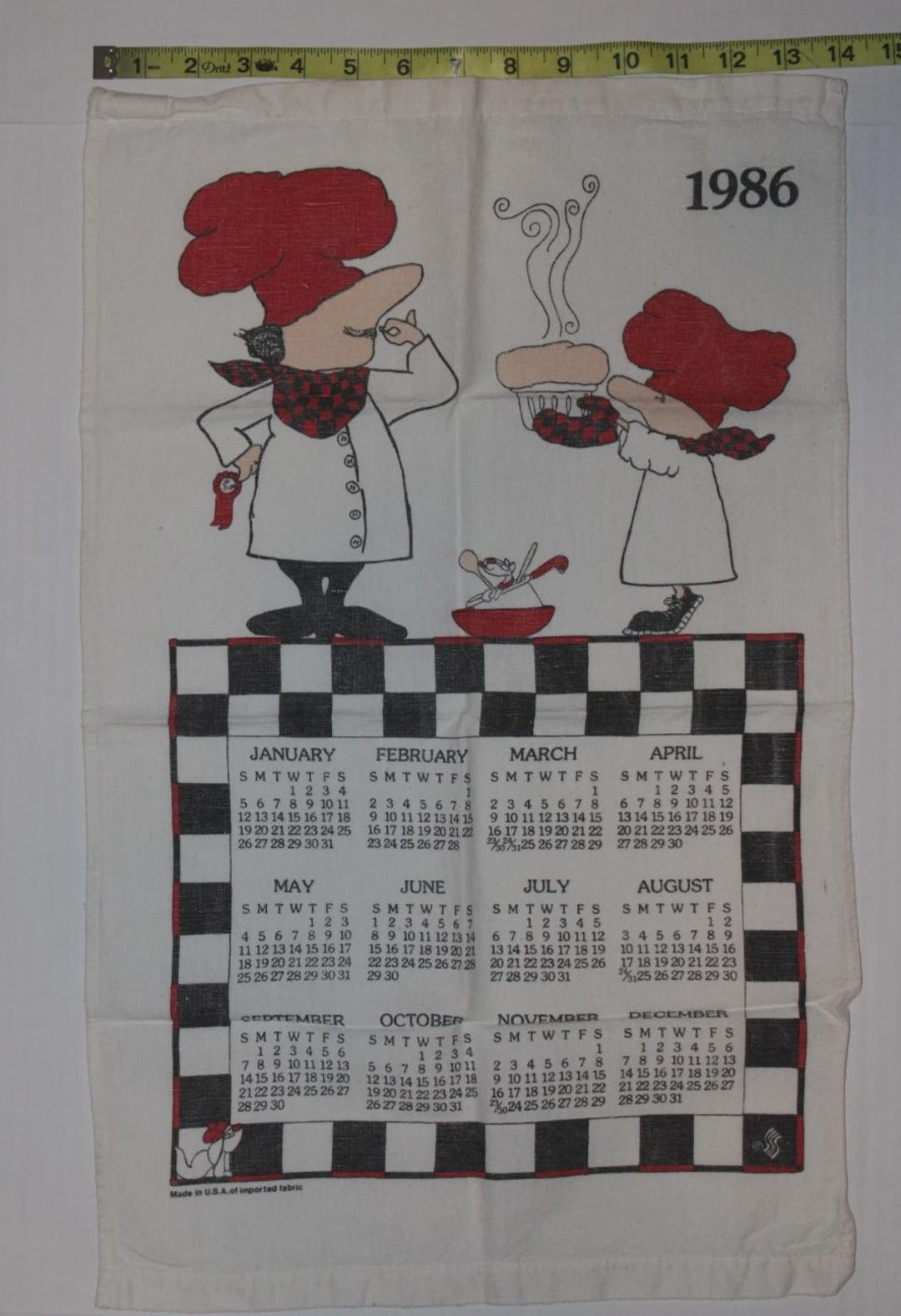 1986 Linen Calendar Tea Towel Kitchen USA Chefs Cooks Red Black White ...