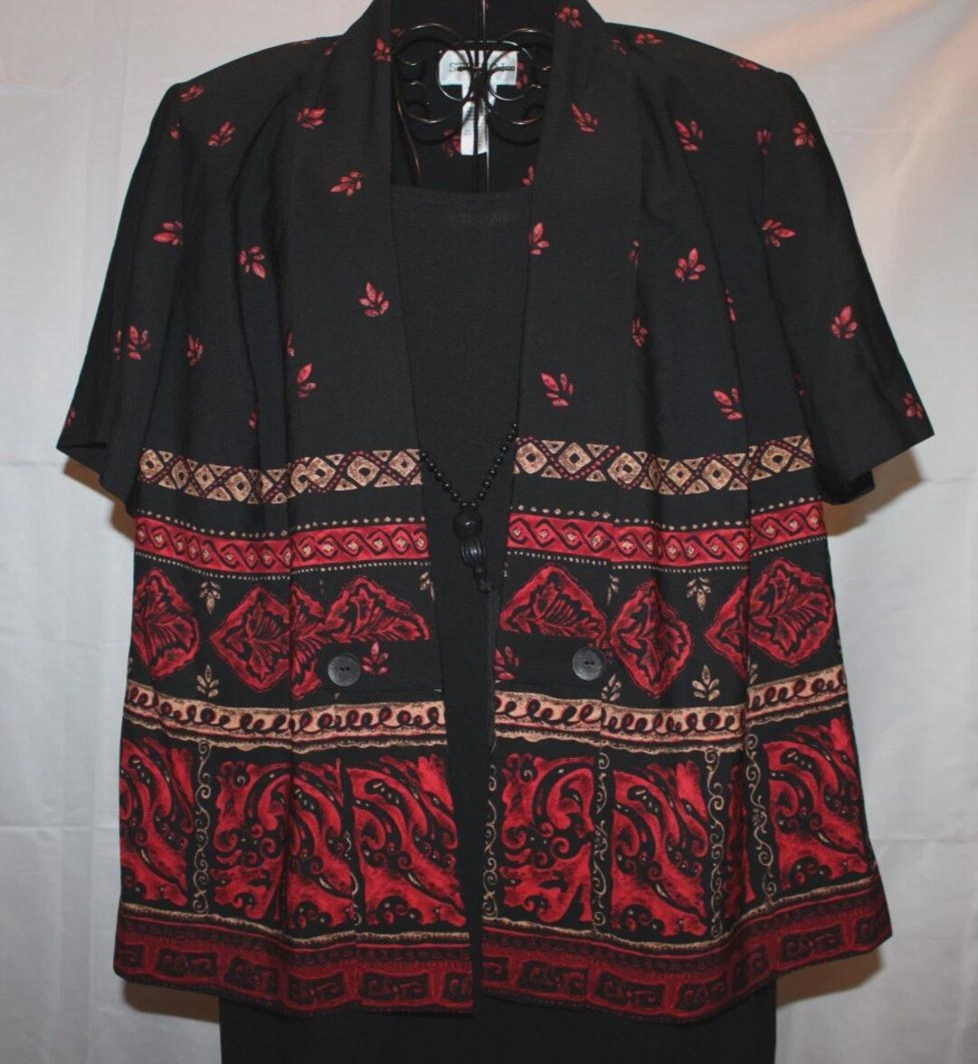 Vintage 80's Long Black Dress Red Accent Jacket & Beaded Necklace 18 W ...