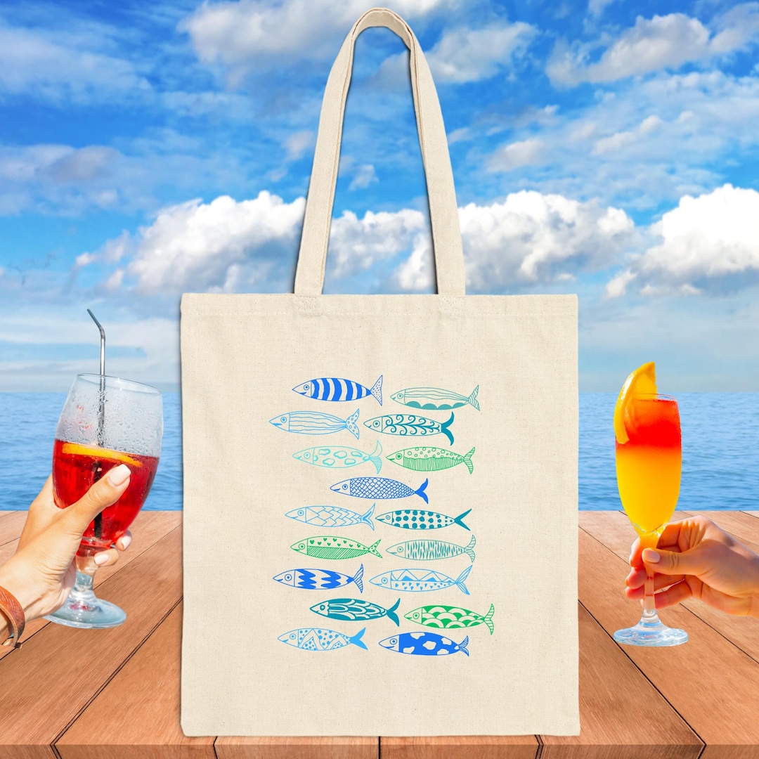 Blue Fish Cotton Canvas Tote Bag - Ocean Theme Beach Bag, Sea Life Eco ...
