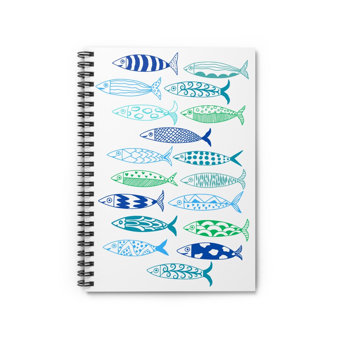 Fish Print Spiral Notebook, Marine Life Journal, Blue Green Turquoise ...