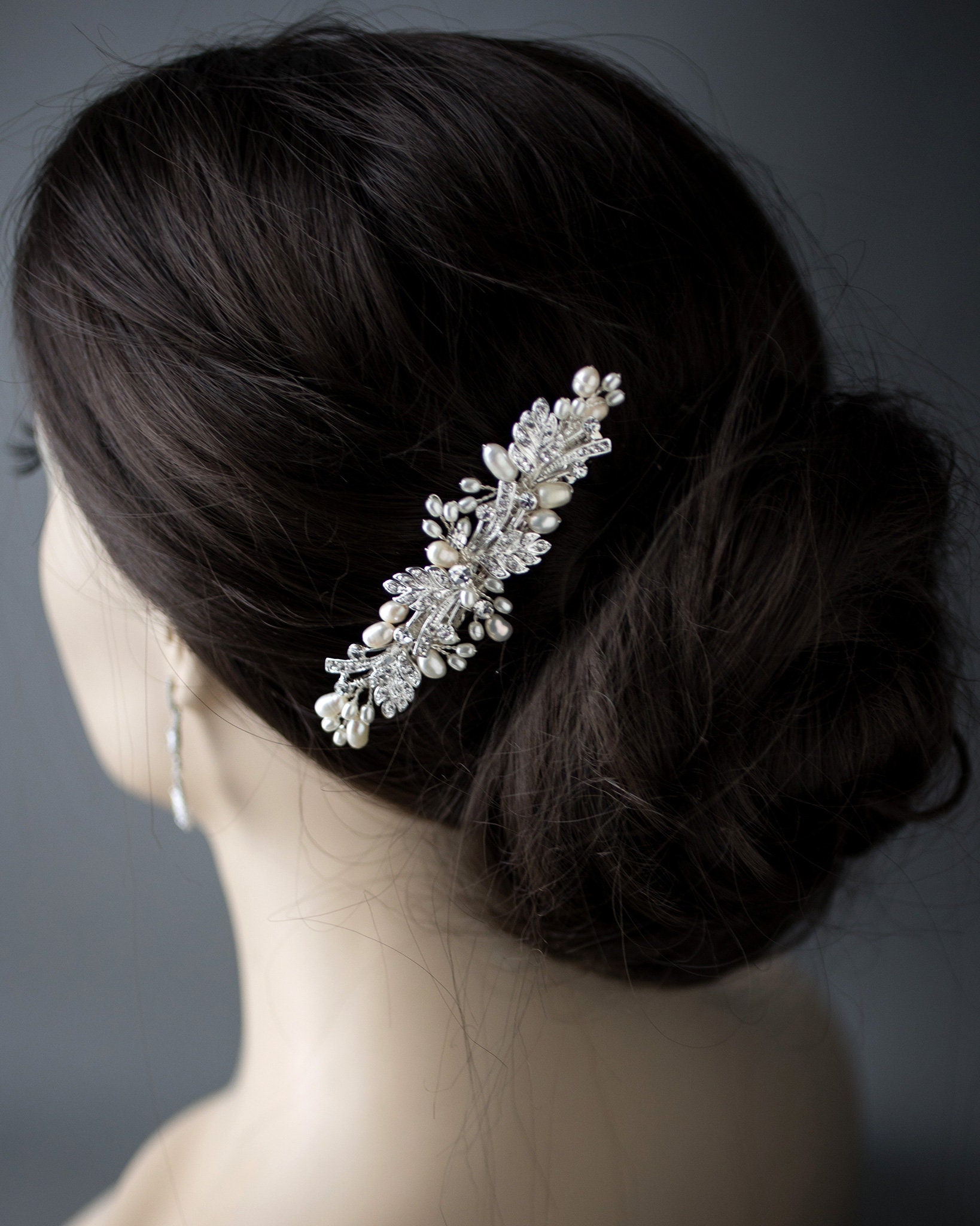 Pearl Wedding Barrette With Jeweled Feathers Leaves Bridal Hair ...