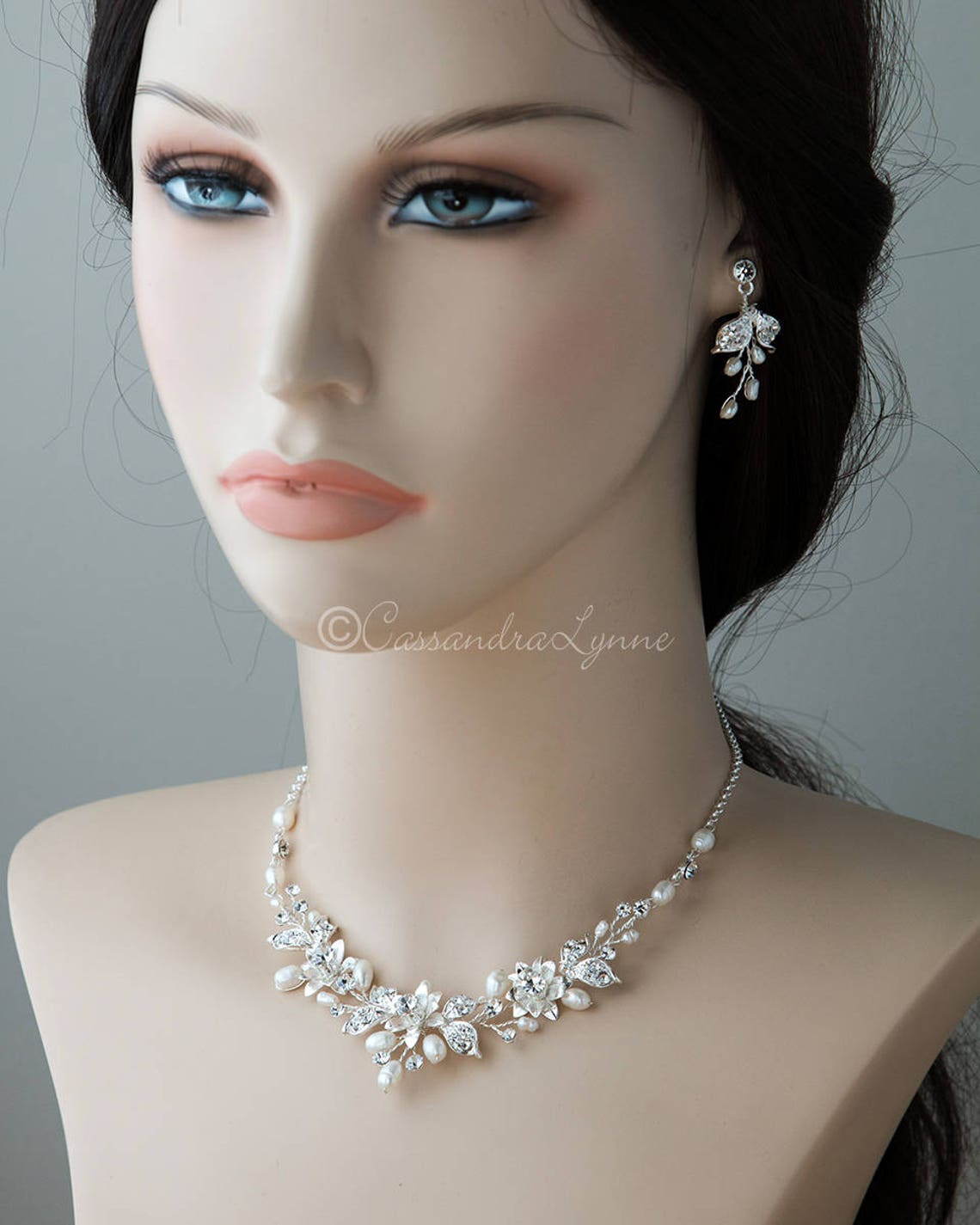 Pearl Bridal Necklace and Earring Set Metal Flowers Silver - Etsy