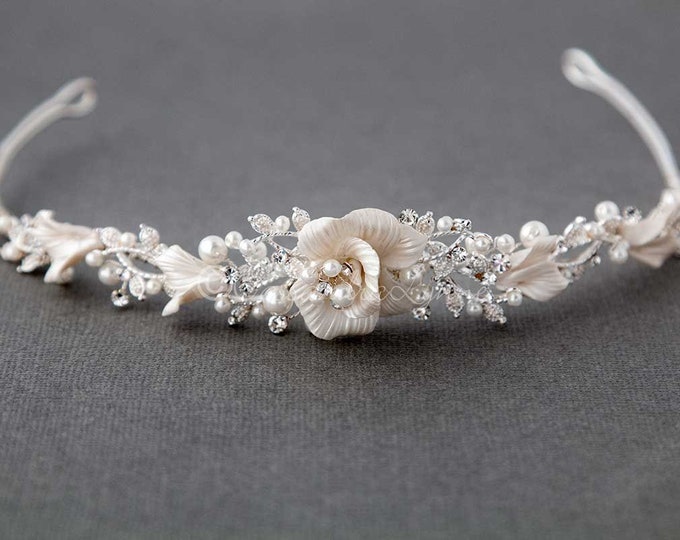 Wedding Tiara of Ivory Porcelain Flowers and Leaves Accented With ...