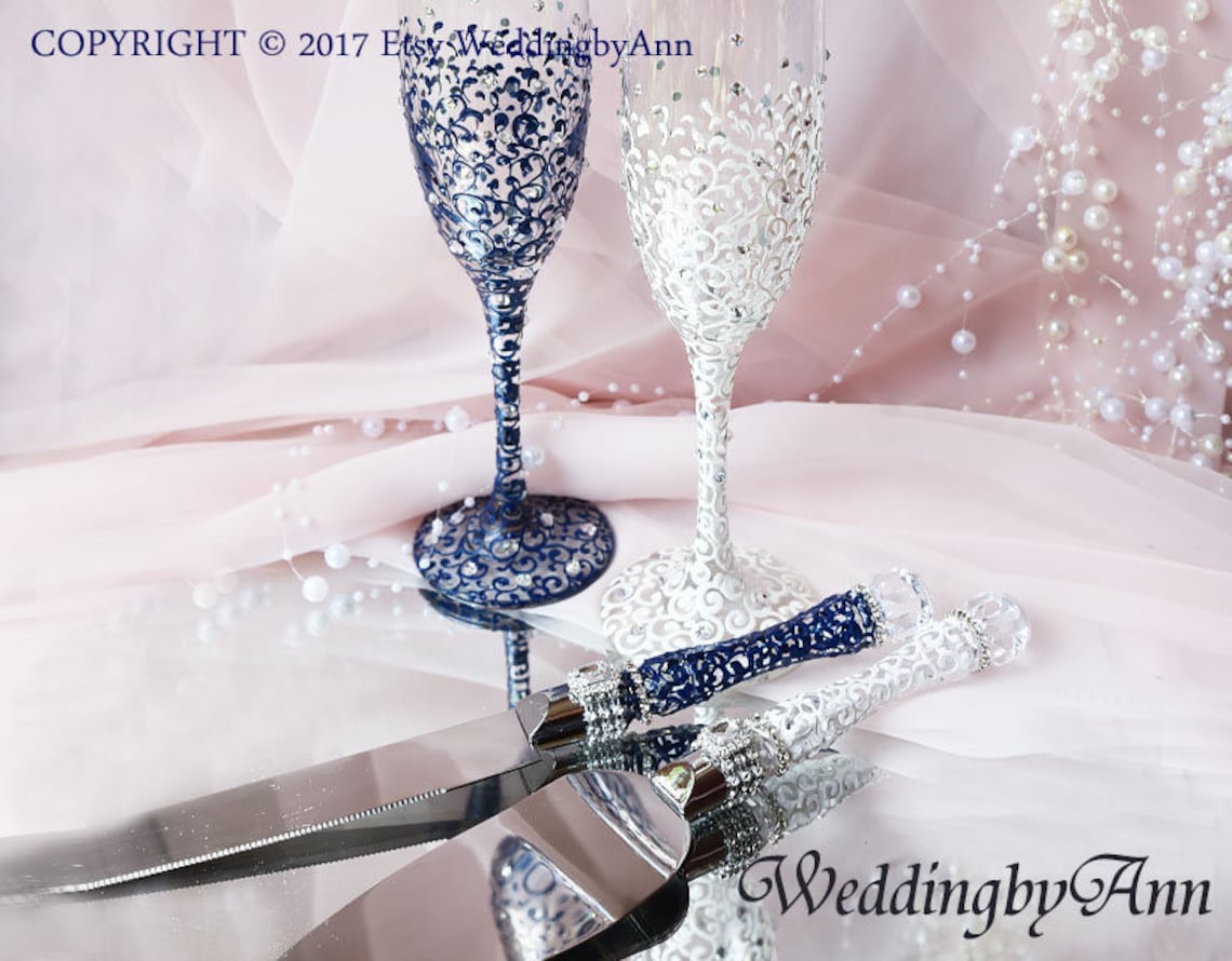 Silver Wedding Glasses With Matching Wedding Cake Serving Set - Etsy