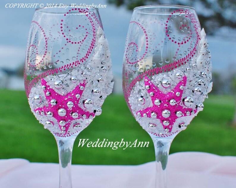 Fuchsia Beach Wedding Wine Glasses, Starfish Glasses, Wedding Gift ...