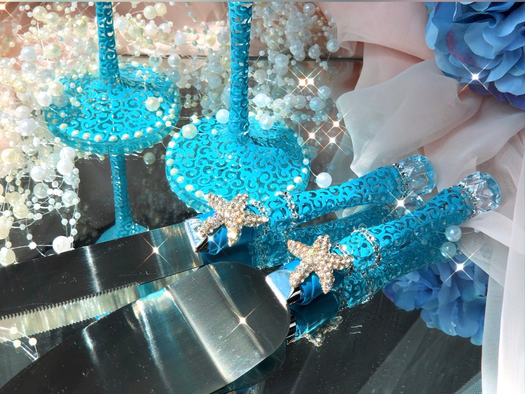 Turquoise Cake Serving Set- Wedding Cake and Knife Serving Set- Wedding ...