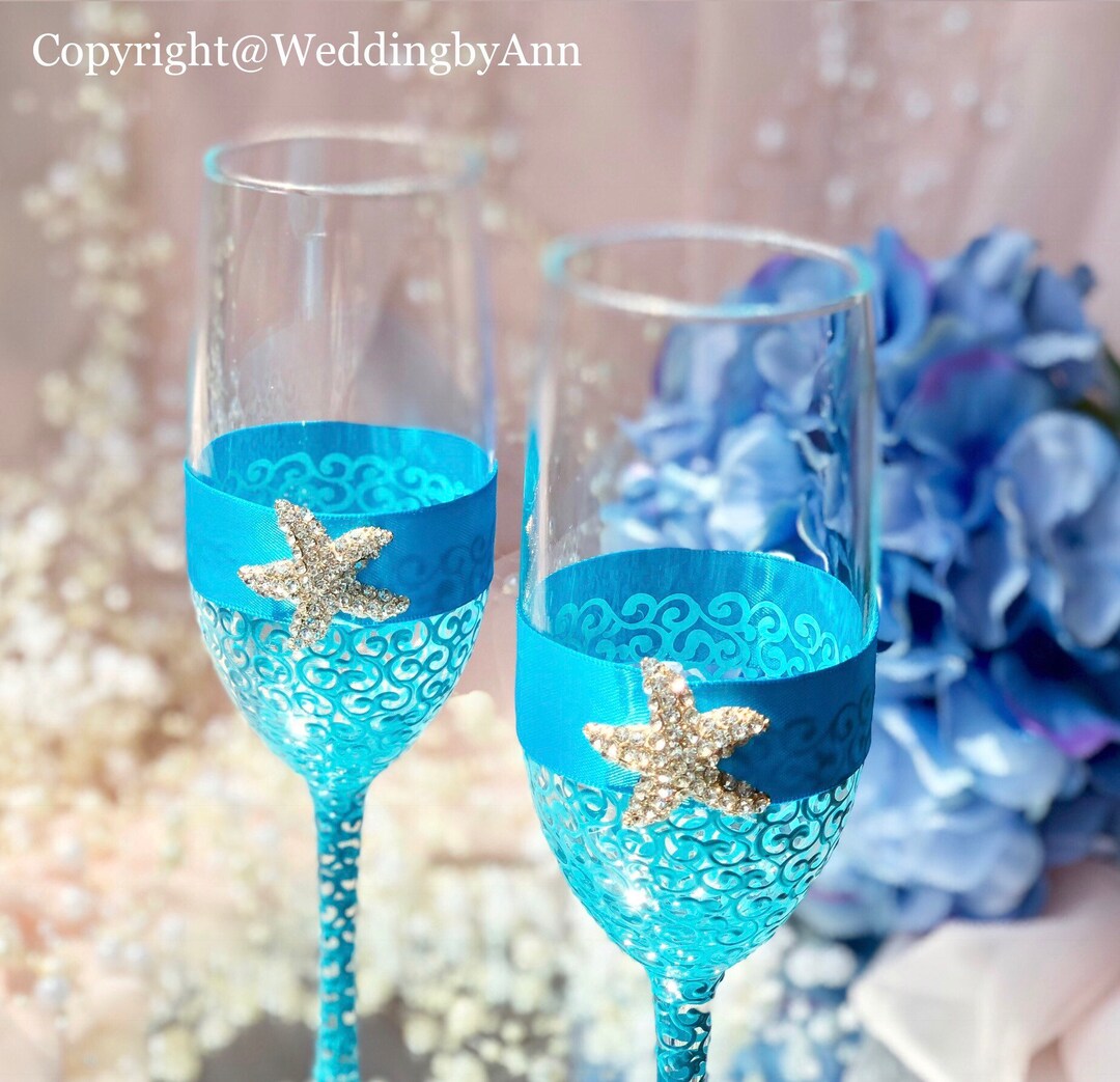 Turquoise Starfish Wedding Flutes, Beach Wedding Glasses, Wedding ...