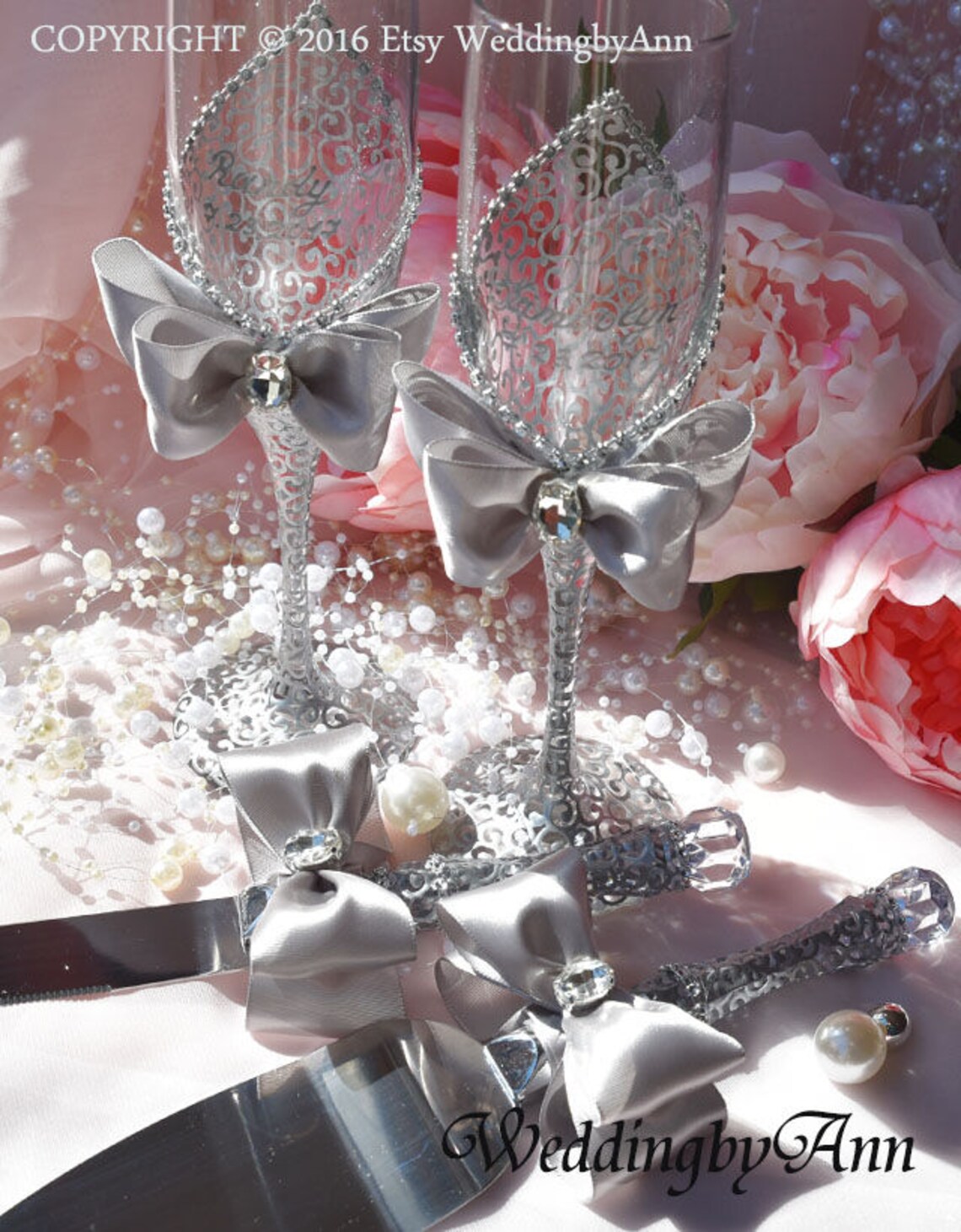 Silver Wedding Glasses, Wedding Champagne Flutes, Bride and Groom ...