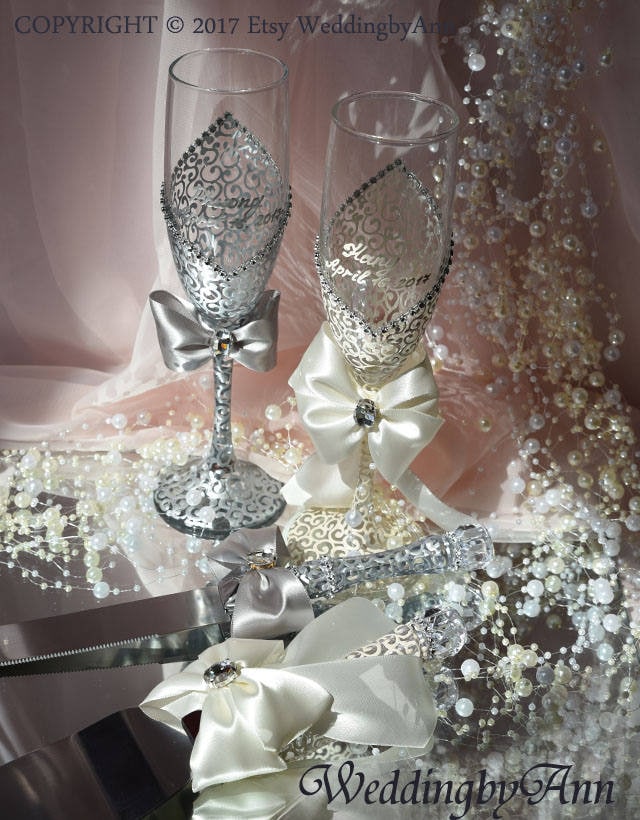 Ivory and Silver Wedding Glasses With Wedding Cake Serving Set, Ivory ...