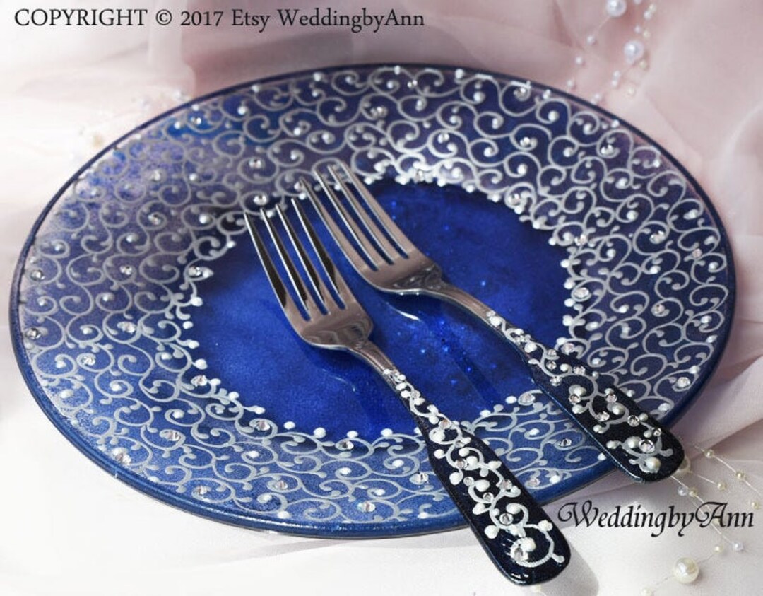 Navy Blue Wedding Plate and Forks Set, Table Setting, Wedding Cake ...