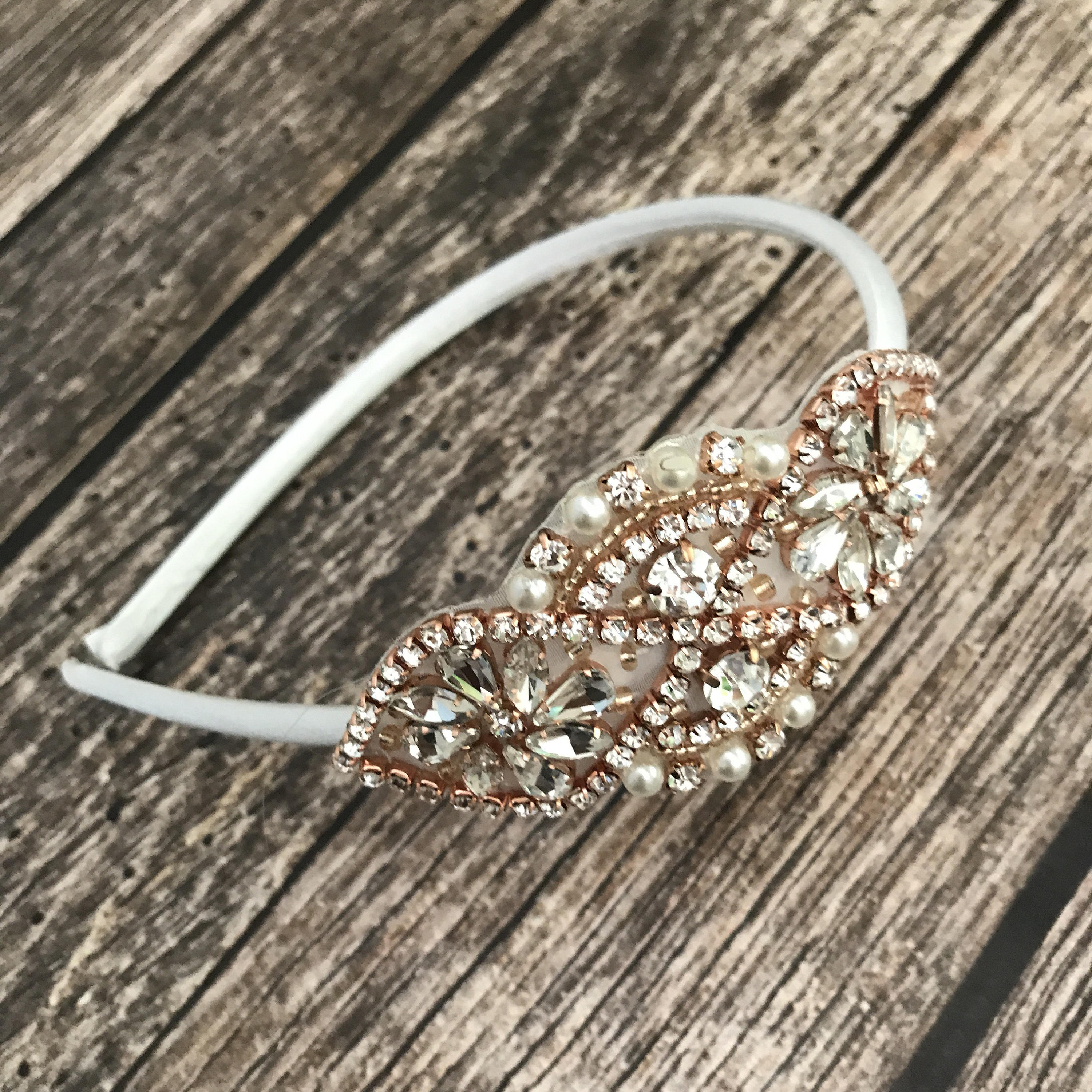 Rose Gold Headband Rhinestone Headband White Headband Etsy