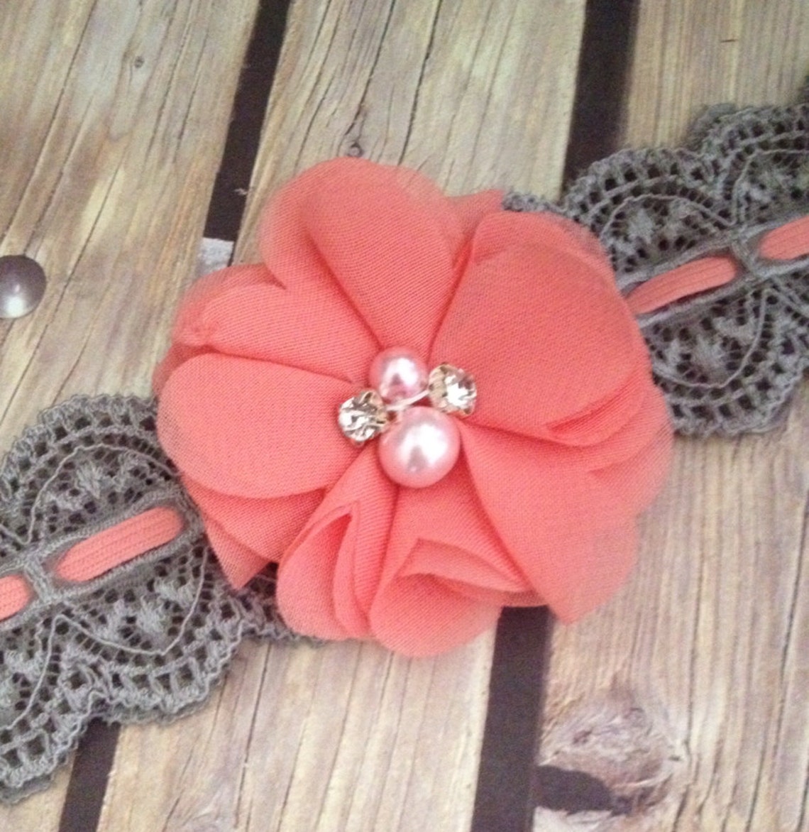 Grey and Coral Headband, Grey Headband, Coral Headband, Vintage ...