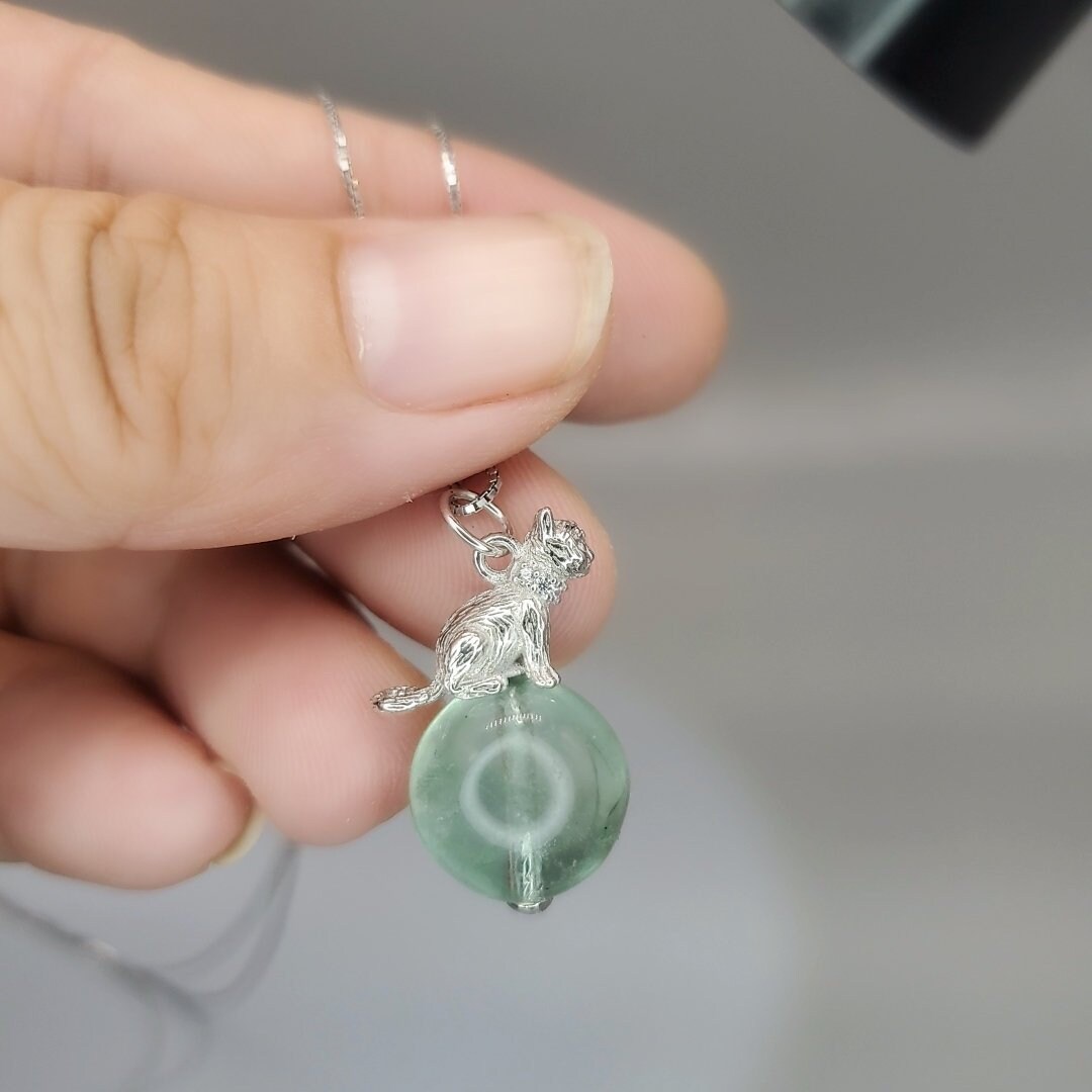 Fluorite Necklace, Natural Green Fluorite Pendant Sterling Silver Cat ...