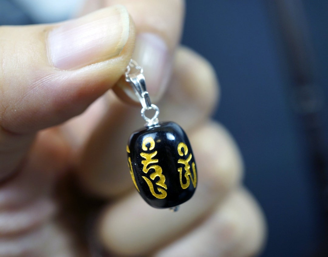 Tiny Black Onyx Ohm Mantra Pendant - Sterling Silver Necklace Chunky ...