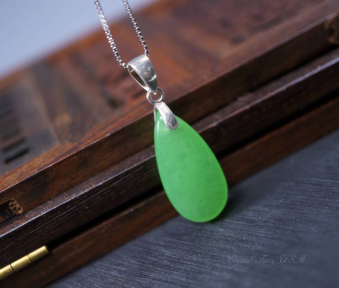 Teardrop Green Jade Pendant Necklace: Sterling Silver Bail Chunky Stone ...