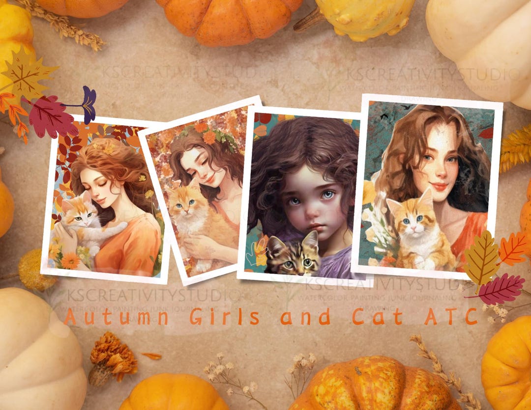 Autumn-themed ATC Printables: Whimsical Girls With Cats Among Fall ...