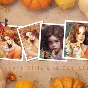 Autumn-themed ATC Printables: Whimsical Girls With Cats Among Fall ...